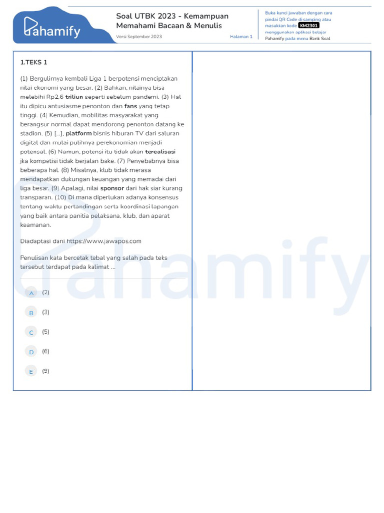 Soal UTBK 2023 - Kemampuan Memahami Bacaan & Menulis-1 | PDF