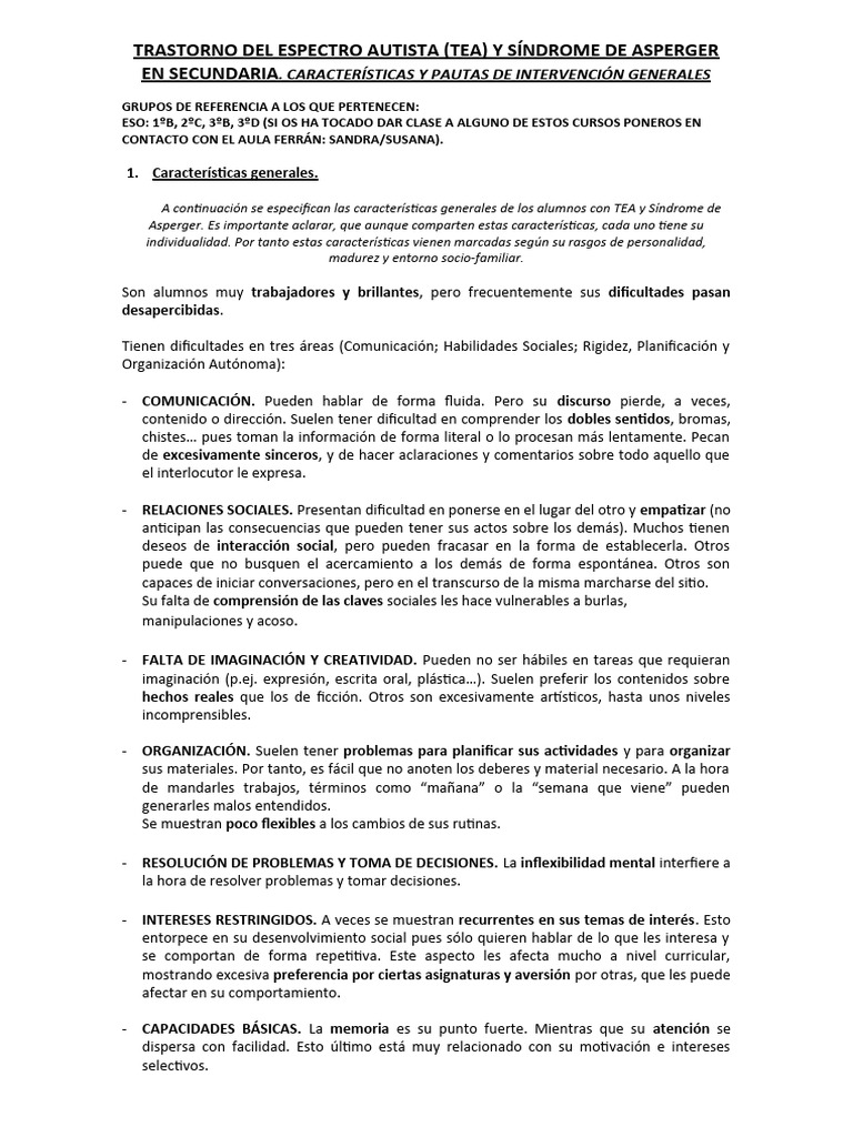 Tea Caracteristicas y Pautas Generales | PDF | Síndrome de Asperger ...
