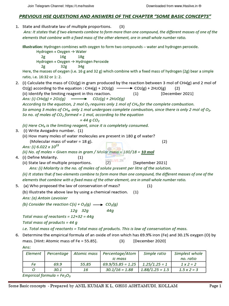 Basic Concepts of Chemistry Q&A | PDF | Mole (Unit) | Molecules