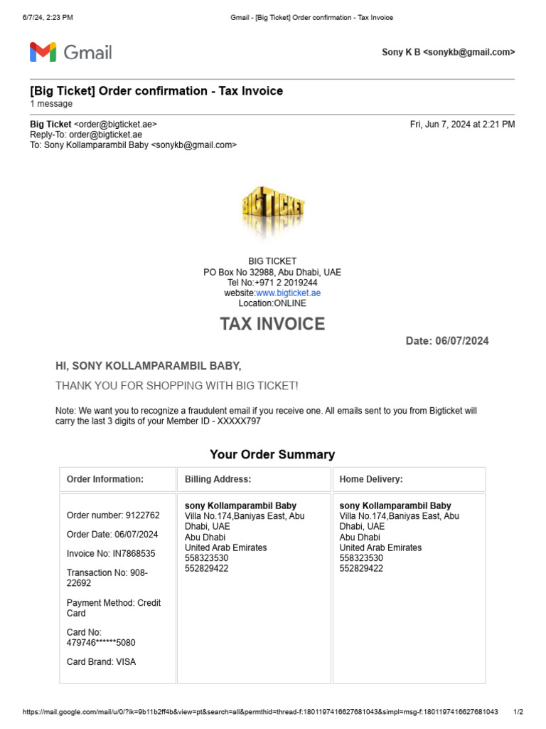 Big Ticket Order Confirmation Invoice | PDF | Invoice | United Arab ...