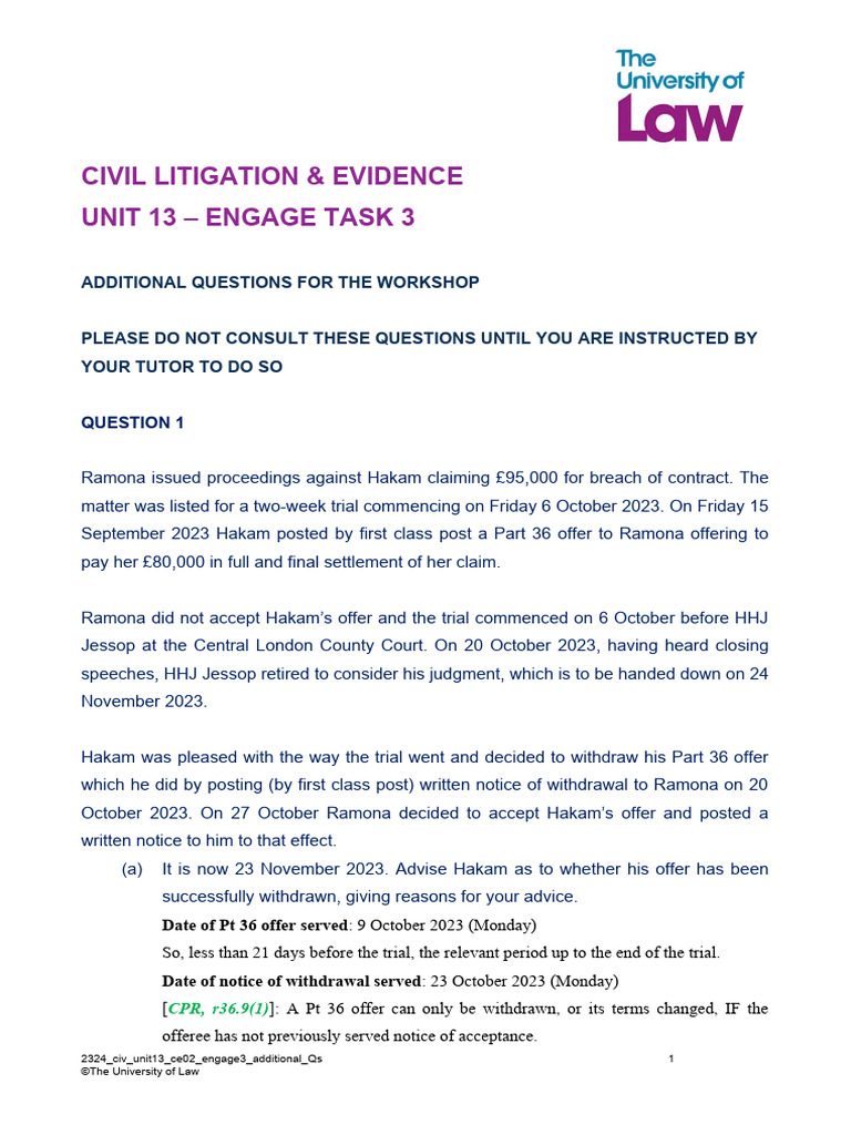 2324 Civ Unit13 Ce02 Engage3 Additional Qs | Download Free PDF | Costs In English Law | Common Law