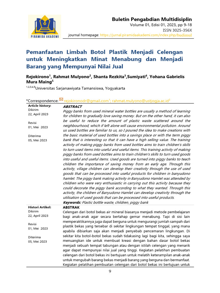Pemanfaatan Limbah Botol Plastik Menjadi Celengan Untuk Meningkatkan Minat Menabung Dan Menjadi ...