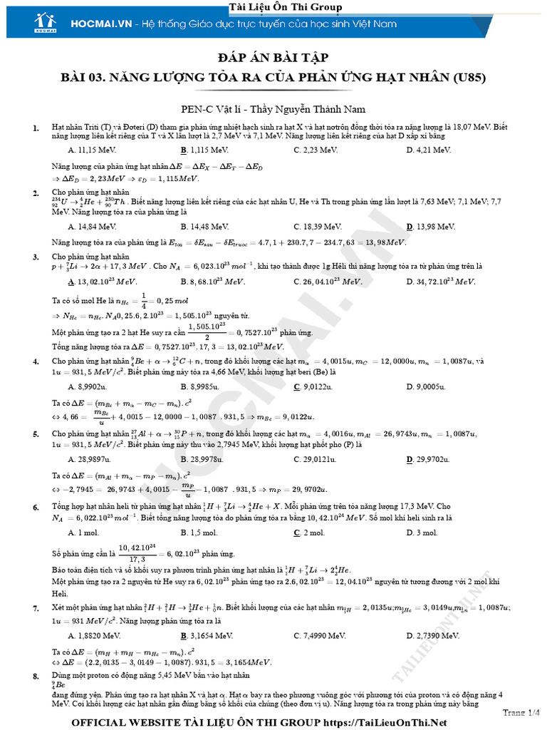 Đáp Án Bài Tập Bài 03. Năng Lượng Tỏa Ra Của Phản Ứng Hạt Nhân (U85) | PDF