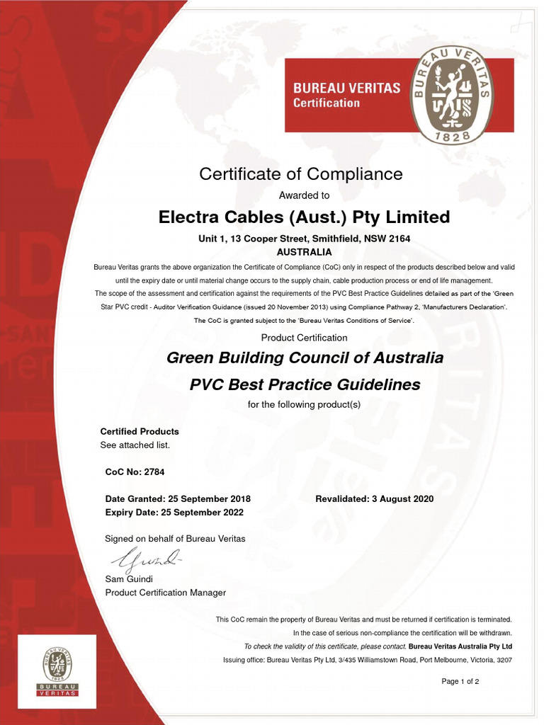 PVC Best Practice_Certificate_Electra Cables_030820 | Download Free PDF ...