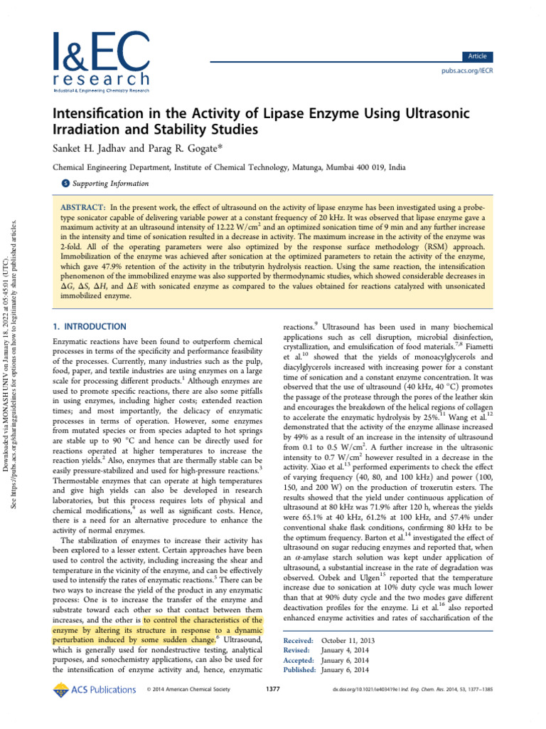 Intensification in The Activity of Lipase Enzyme Using Ultrasonic Irradiation and Stability ...
