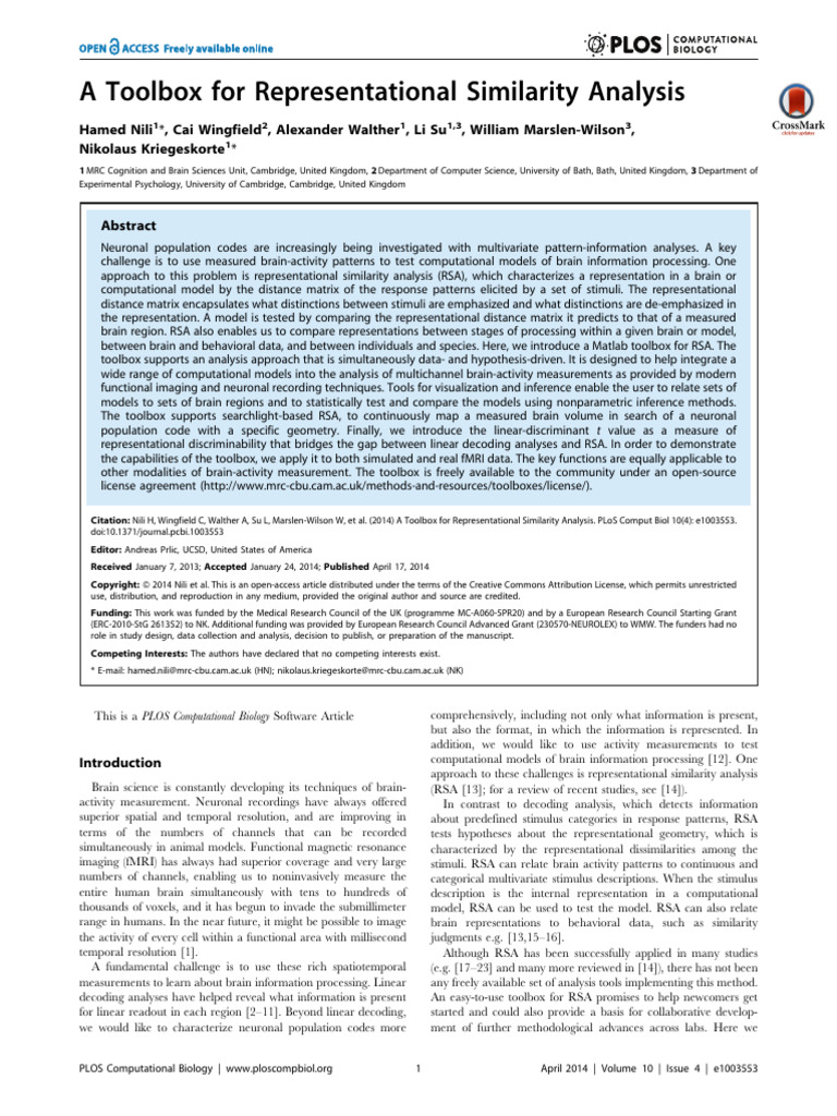 A Toolbox For Representational Similarity Analysis | PDF | Statistical ...