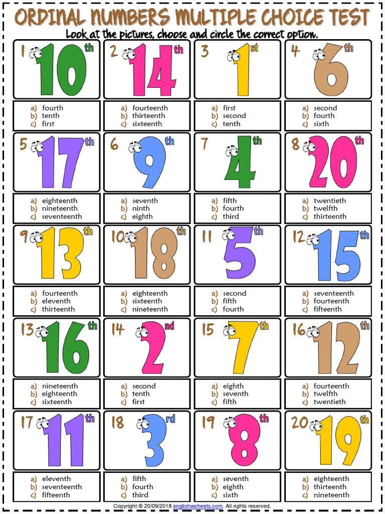 Ordinal Numbers Vocabulary Esl Multiple Choice Test For Kids | PDF