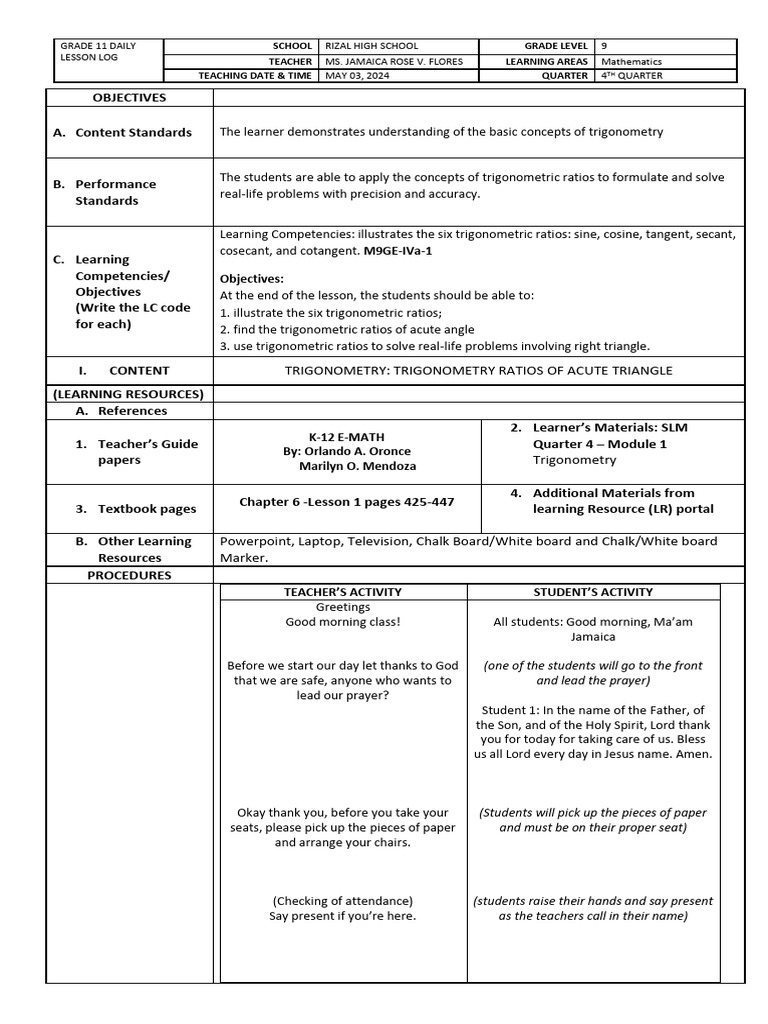 Jhs Demo Jamaica Rose Flores LP Final | PDF | Trigonometric Functions | Trigonometry