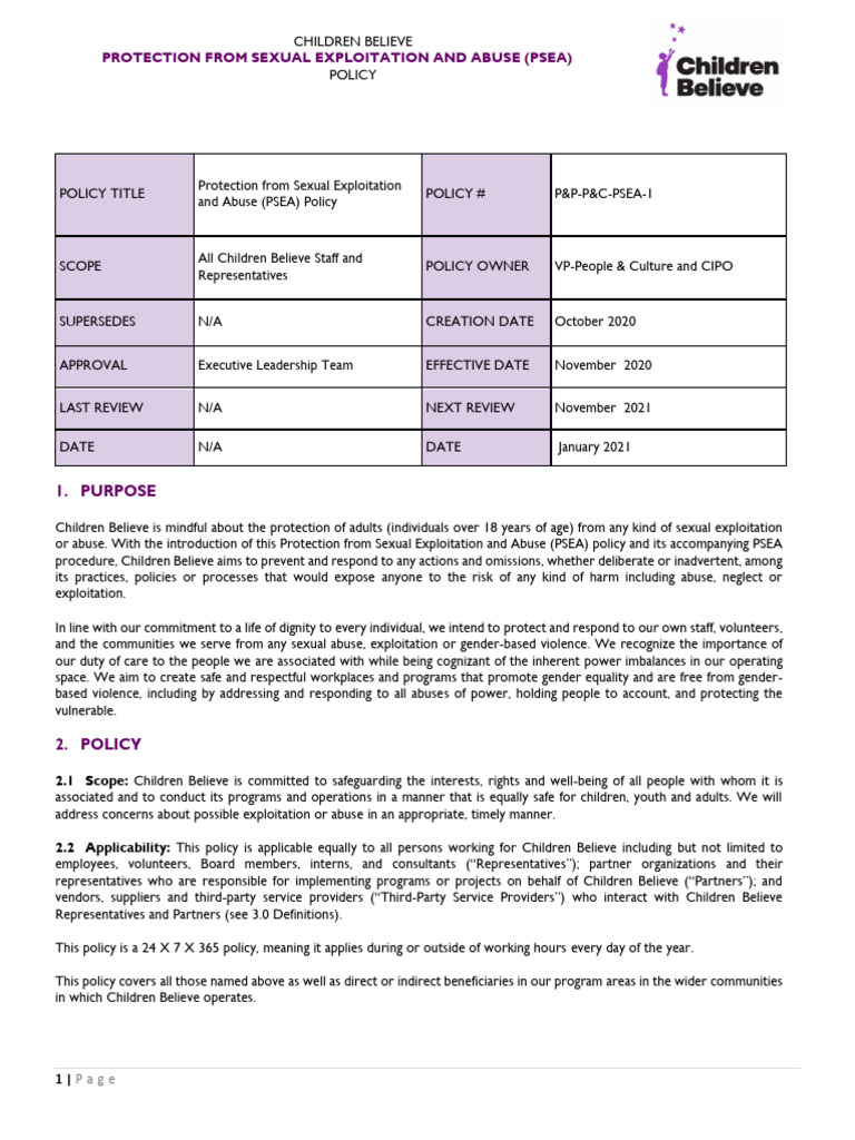 PSEA Policy for Child Protection | PDF | Sexual Harassment | Violence Against Women