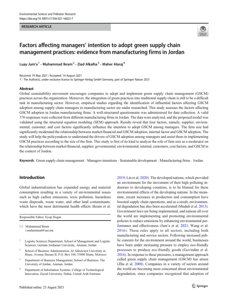 Factors Affecting Managers ' Intention To Adopt Green Supply Chain Management Practices ...