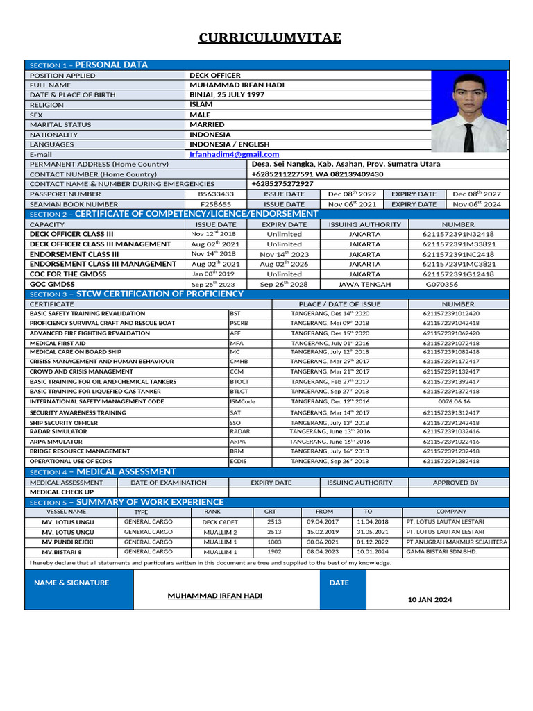 CV - ANT III IRFAN Management 2024 | PDF | Merchant Navy | Shipping