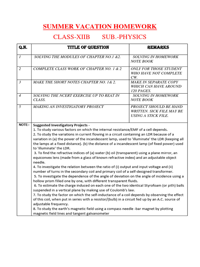 12 PHYSICS SUMMER VACATION HOMEWORK | PDF | Inductor | Transformer