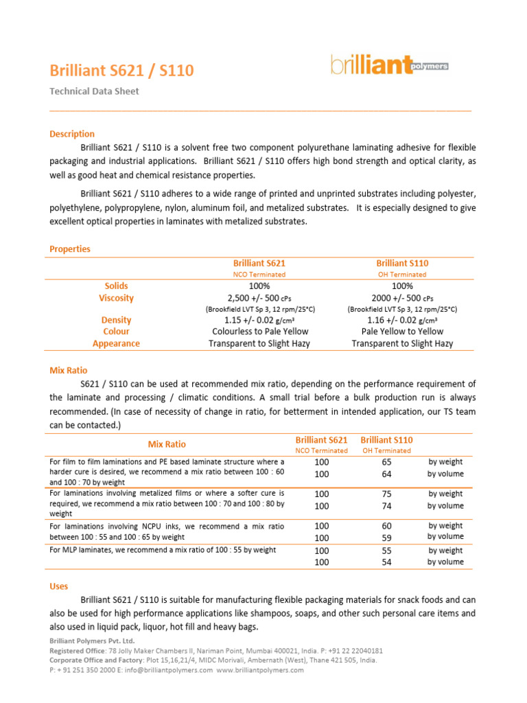 TDS Brilliant S621-S110 | PDF | Adhesive | Lamination