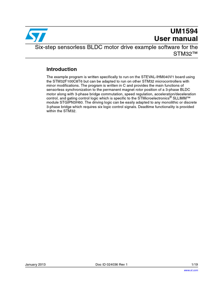 Six-Step Sensorless BLDC Motor Drive Example Software For The STM32 ...