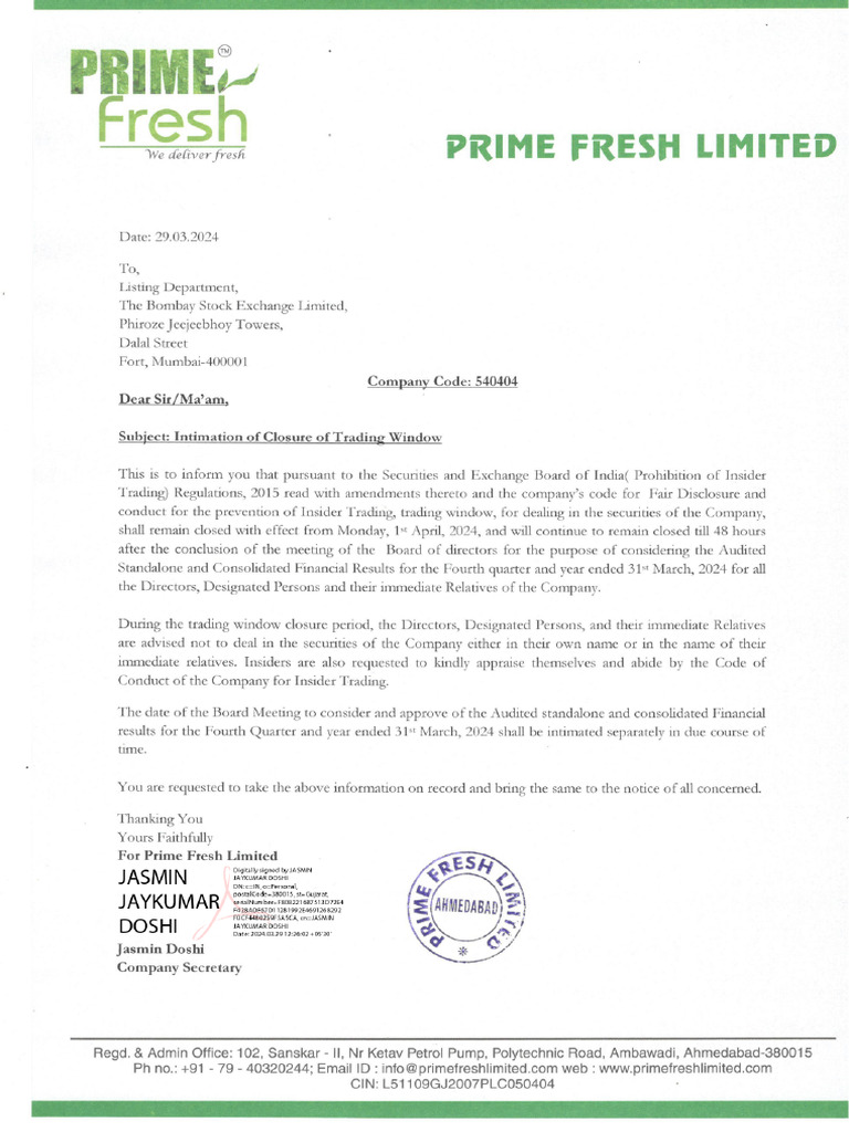 Prime Fresh Trading Window Closure Notice | PDF | Financial Markets ...