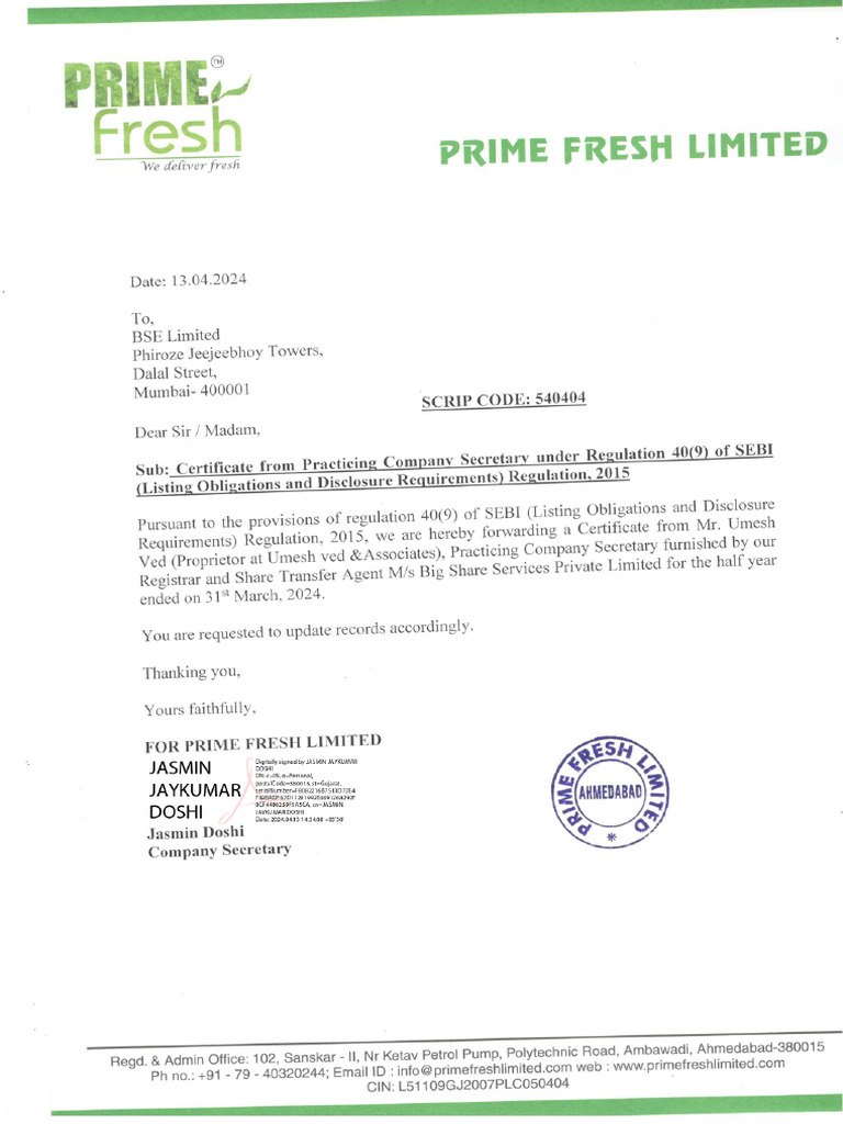 Certificate From Practicing Company Secretary Under Regulation 40 (9 ...