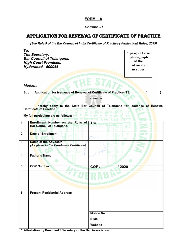 Renewal Certificate of Practice Application Form | PDF | Advocate ...