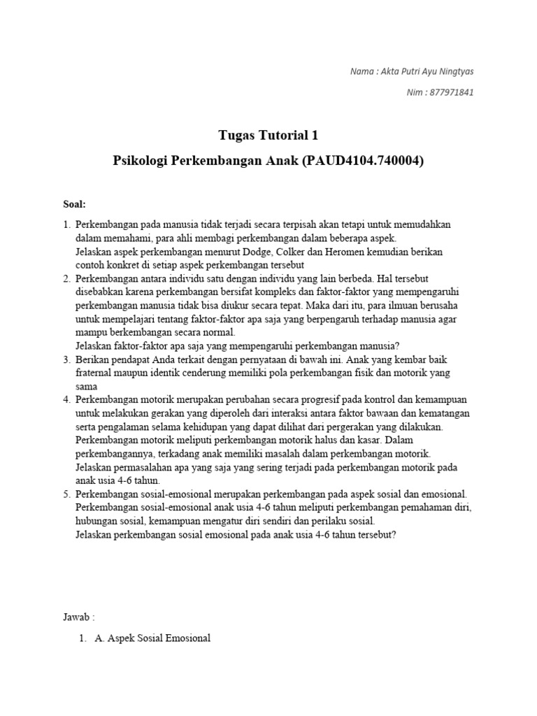 Tugas 1 Tutorial 1 Psikologi Anak | PDF