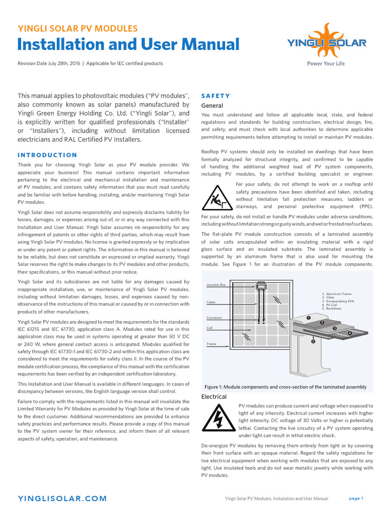 Yingli Solar PV Modules Installation Guide | PDF | Solar Panel ...