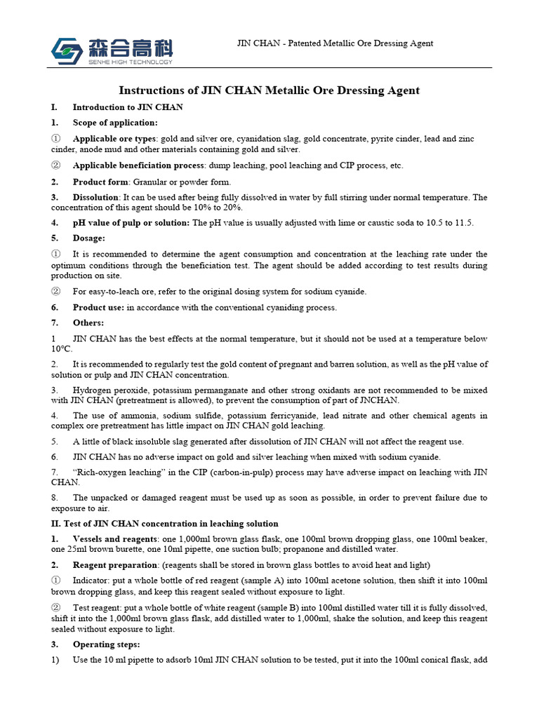 Instructions of JIN CHAN Metallic Ore Dressing Agent 20230725 | PDF | Gold | Silver