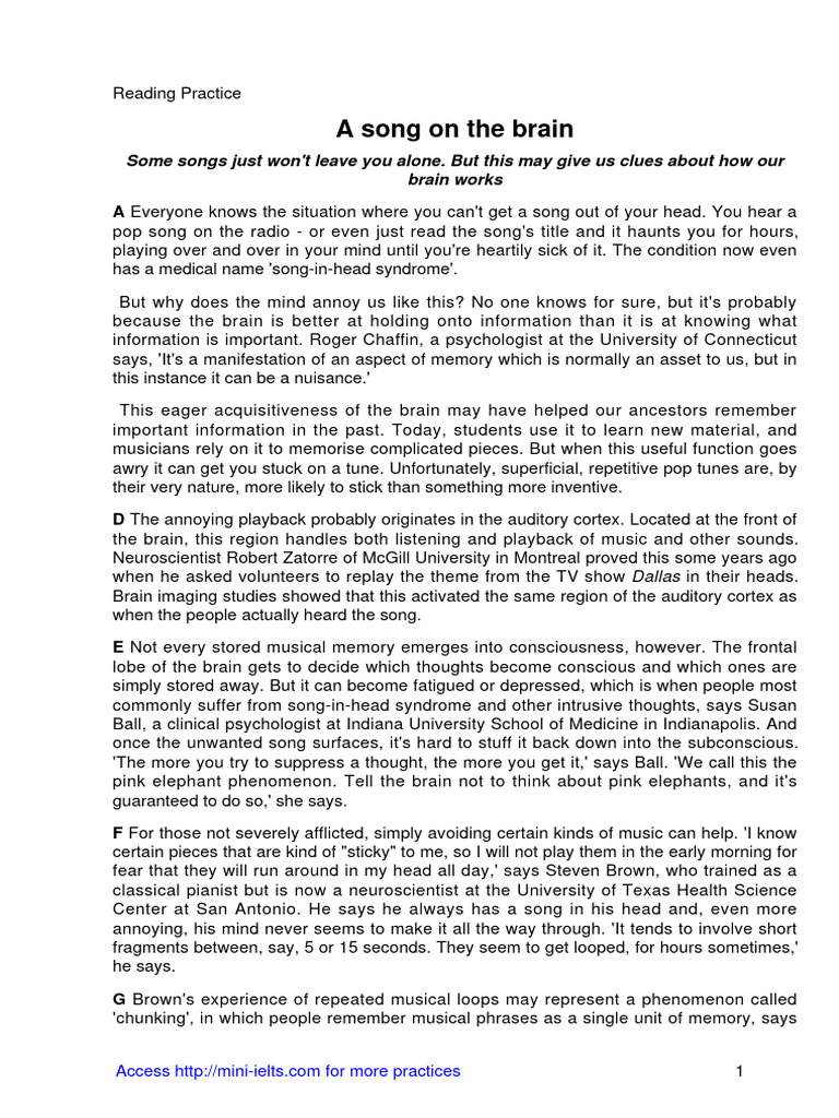 a-song-on-the-brain | PDF | Memory | Thought