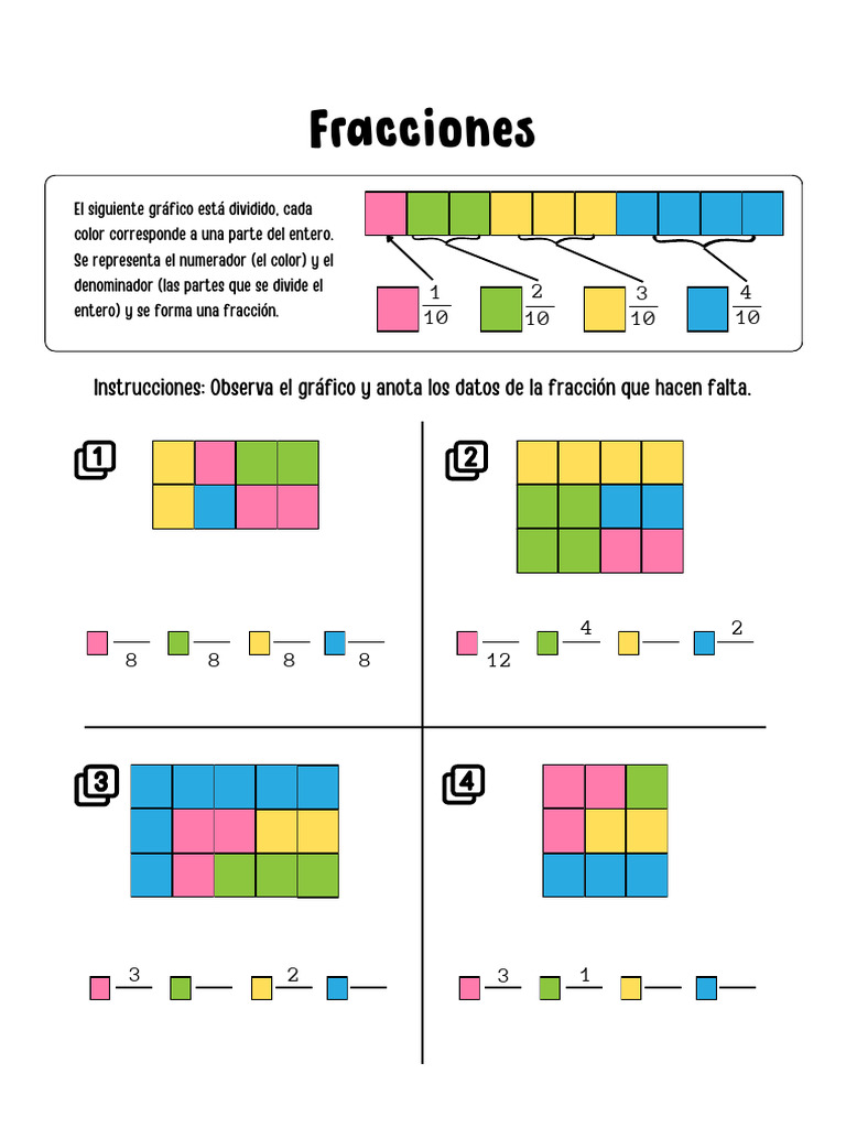 Hoja de Trabajo Fracciones Simple Colorido | PDF | Objetos matemáticos ...