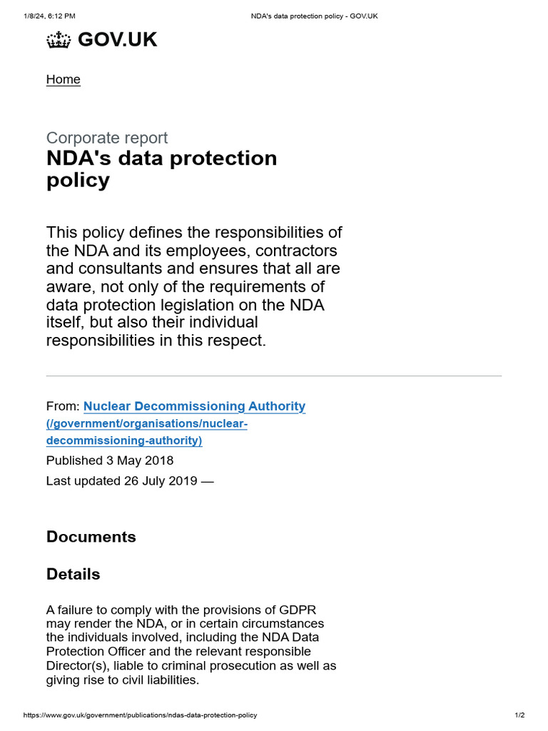 NDA's Data Protection Policy - GOV - UK | PDF | Computers