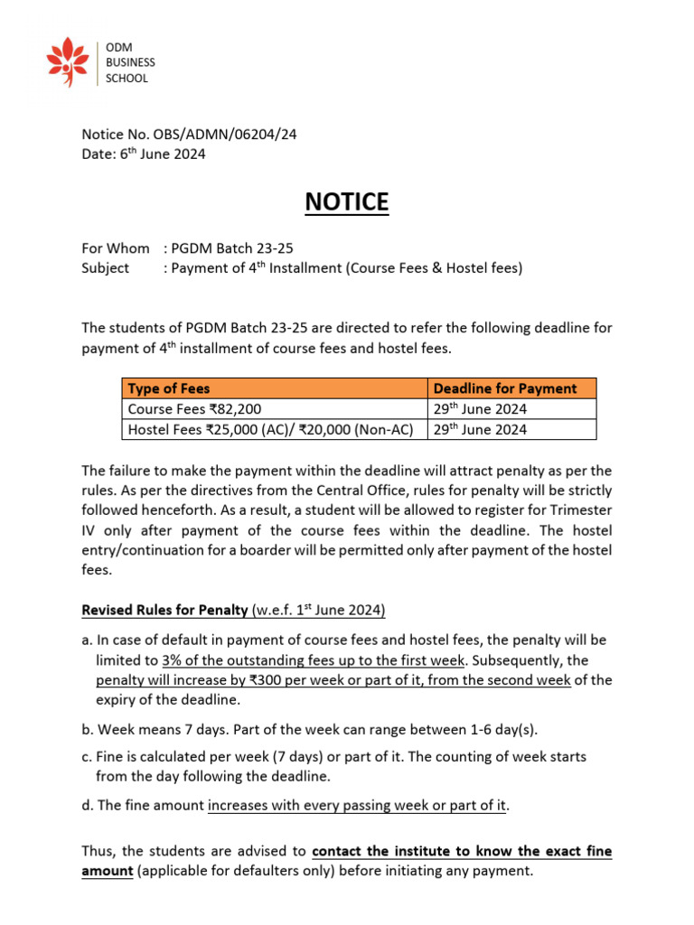 PGDM 23-25: 4th Installment Payment Notice | PDF | Banks | Payments