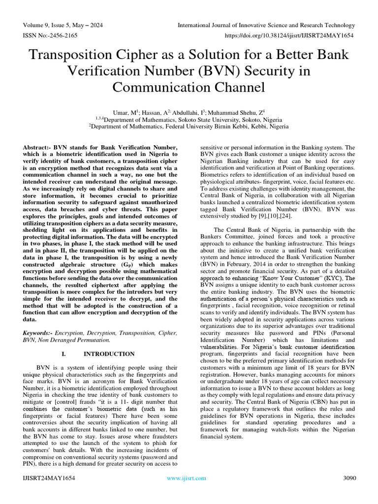 Transposition Cipher as a Solution for a Better Bank Verification ... Transposition Cipher as a Solution for a Better Bank Verification ...