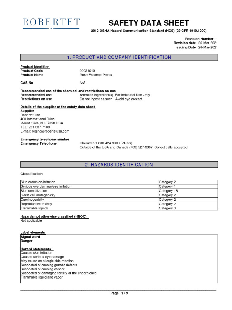 00934640-ROSE_SDS | PDF | Toxicity | Dangerous Goods