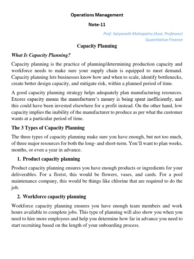 OM Note Capacity Planning | PDF | Supply Chain | Outsourcing