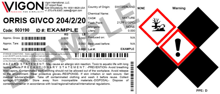 Orris Giv Co 204220 Product Label | PDF | Safety | Occupational Safety And Health