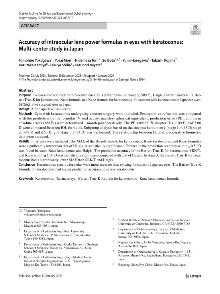 Accuracy of Intraocular Lens Power Formulas in Eyes With Keratocunos ...