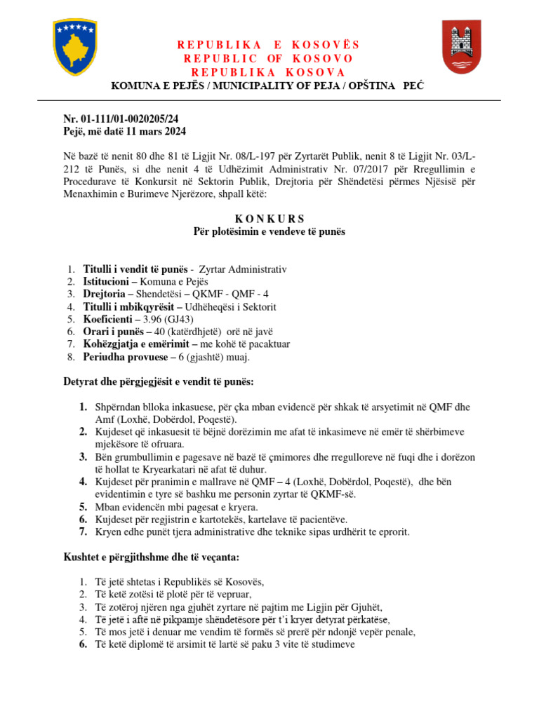 Konkursi Per Zyrtar Administrativ QKMF | PDF