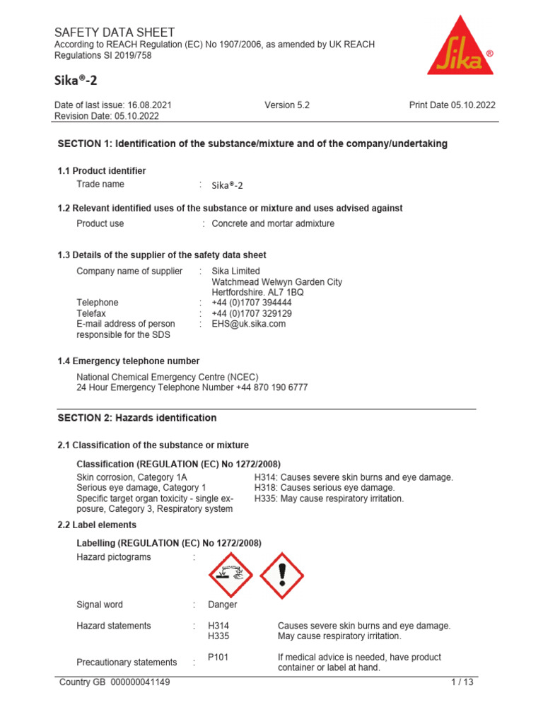 Sika® 2 SDS 2 | PDF