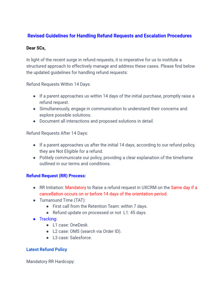 Revised Guidelines For Handling Refund Requests and Escalation Procedures | PDF