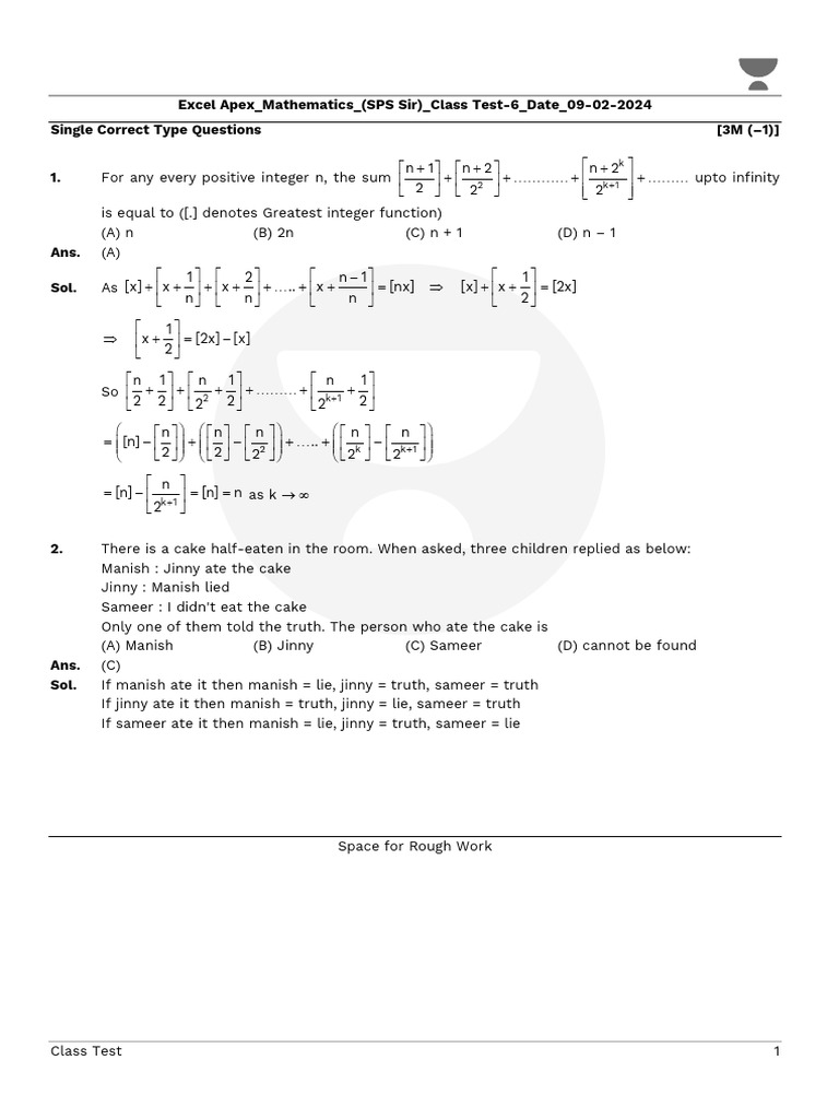 Excel Apex CT - 06 - (09-02-2024) - SPS Sir FC | PDF | Mathematical ...