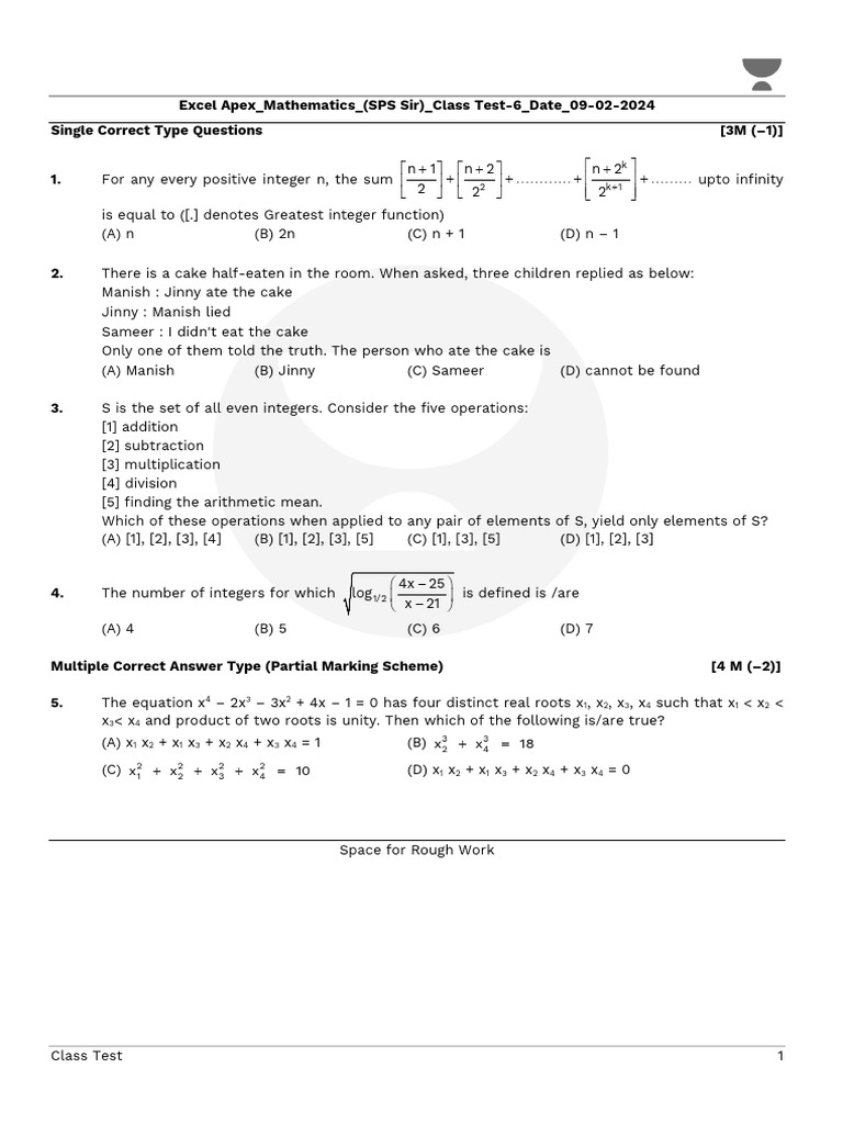 Excel Apex CT - 06 - (09-02-2024) - SPS Sir SC | PDF | Integer | Elementary Mathematics