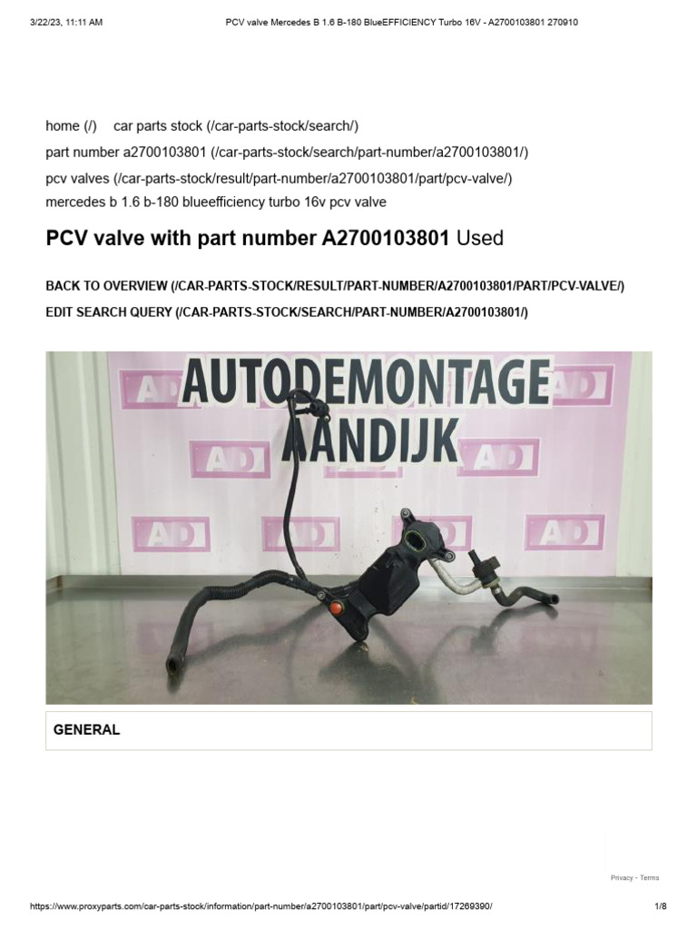 PCV Valve Mercedes B 1.6 B-180 BlueEFFICIENCY Turbo 16V - A2700103801 ...
