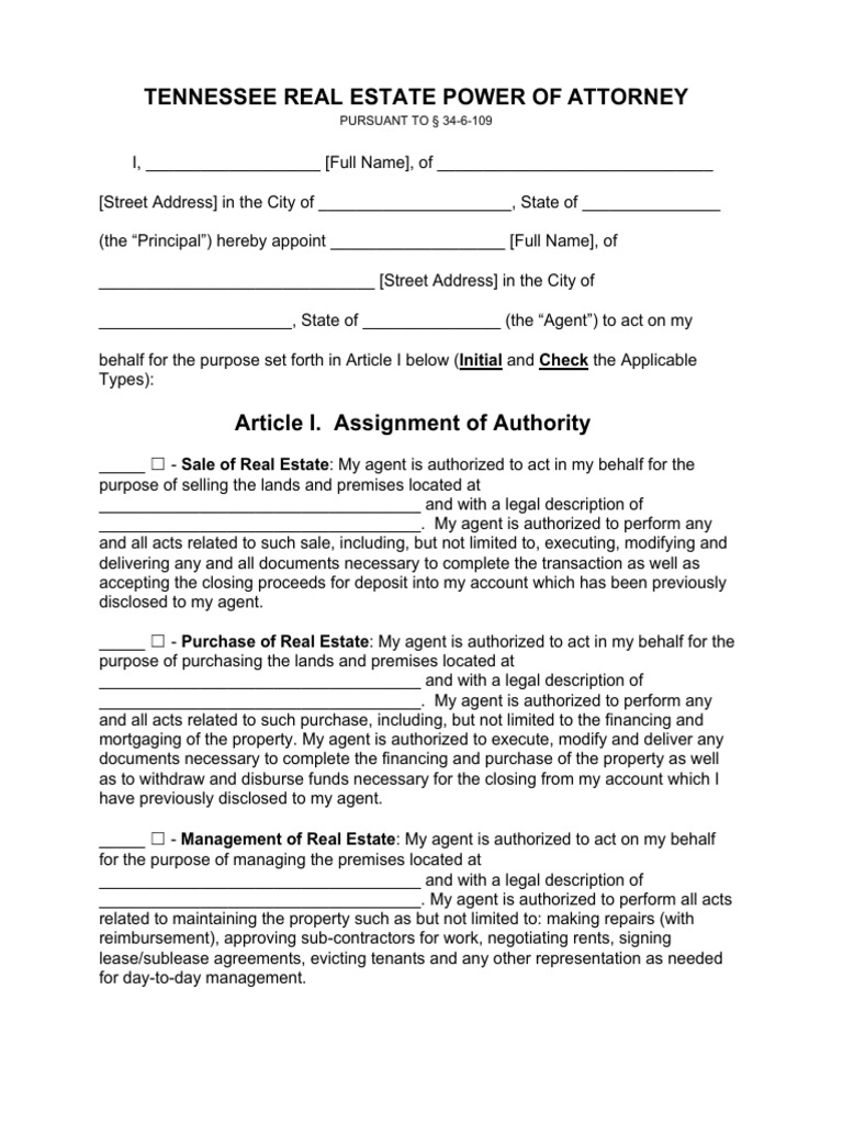 Tennessee Real Estate Power of Attorney | PDF | Power Of Attorney | Lease