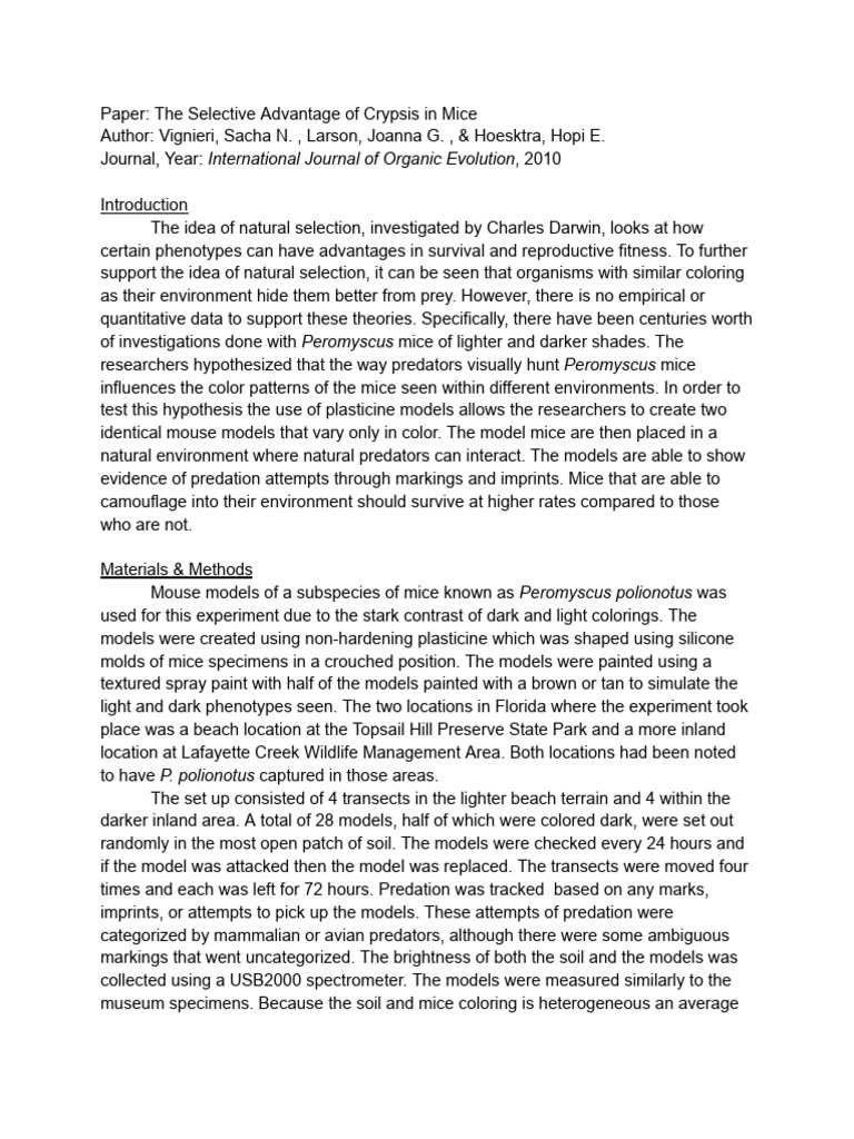 BIOL415 Summary&Critique | PDF | Natural Selection | Camouflage