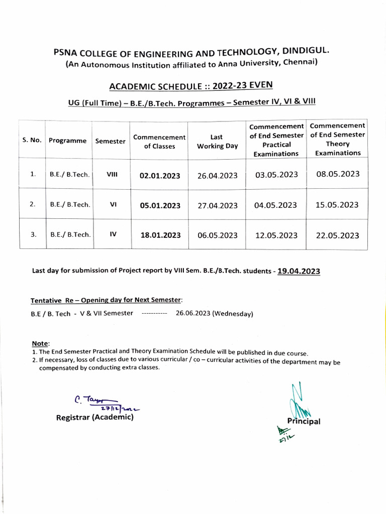 Academic Schedule - 2022-23 Even - B.E.B.Tech. - IV, VI. VIII | PDF