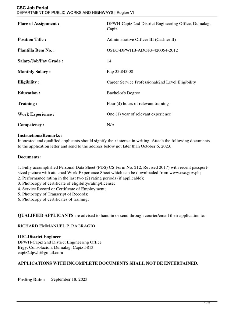Department of Public Works and Highways-Administrative Officer III Cashier II | PDF | Technology ...