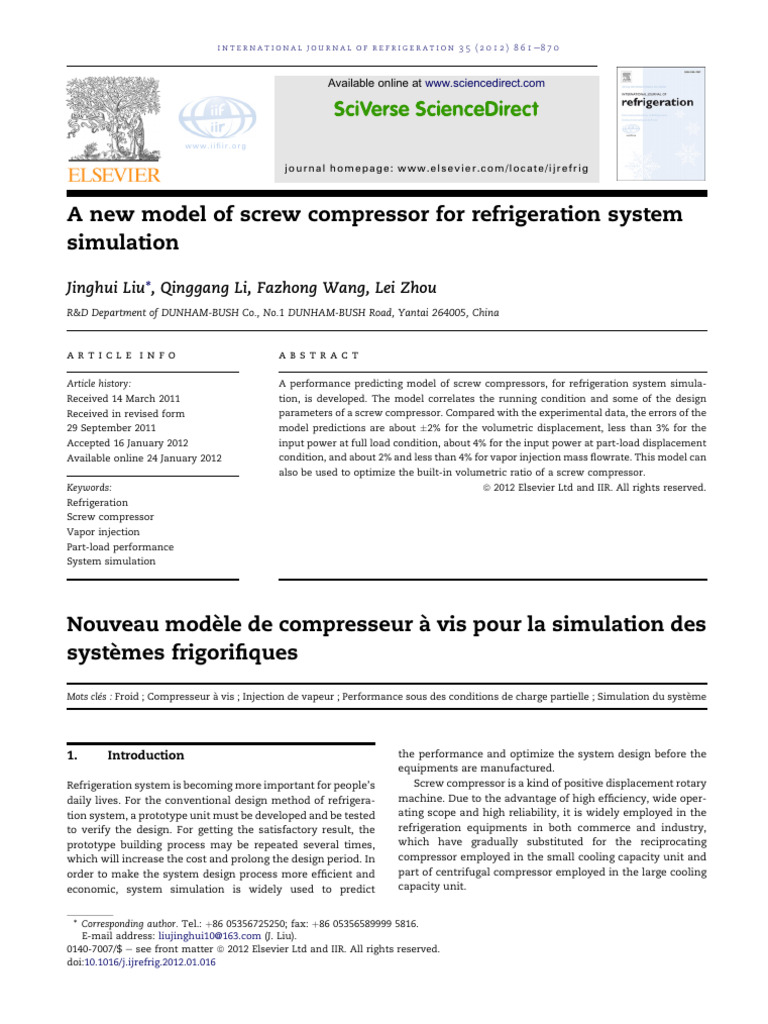 A New Model of Screw Compressor For Refrigeration System Simulation ...