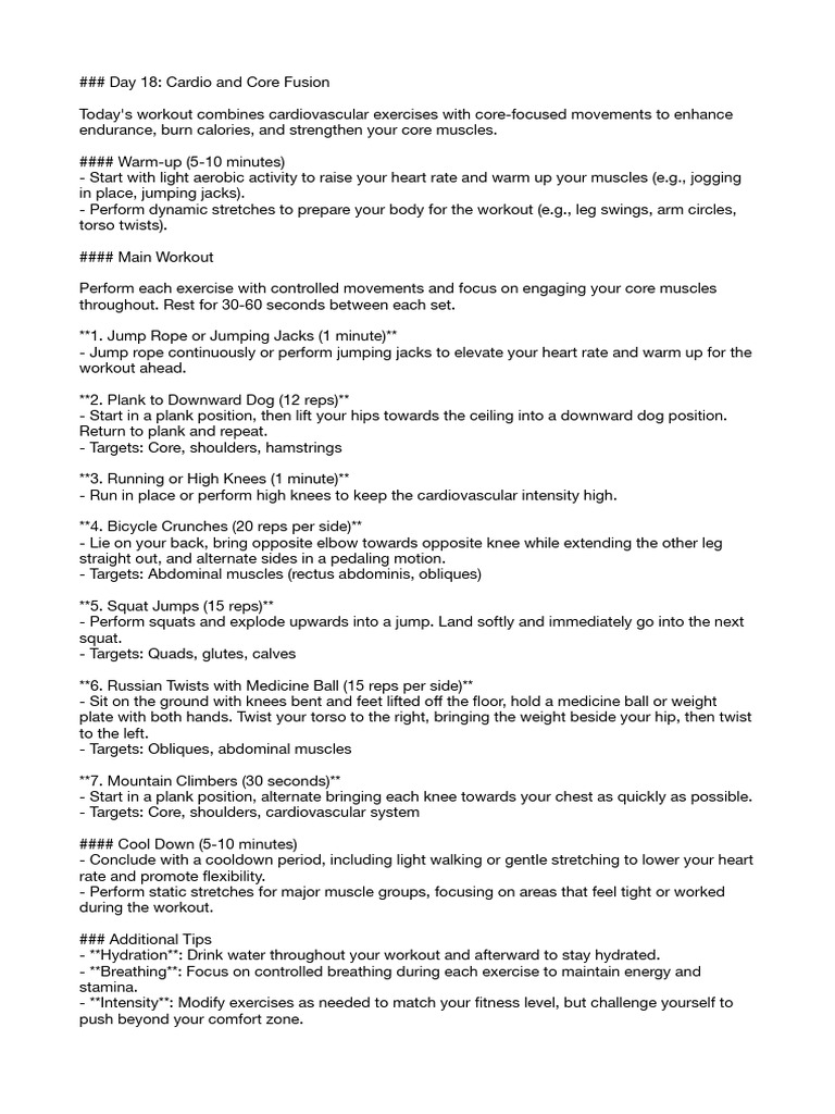 Day 18- Cardio and Core Fusion | PDF | Aerobic Exercise | Management Of Obesity