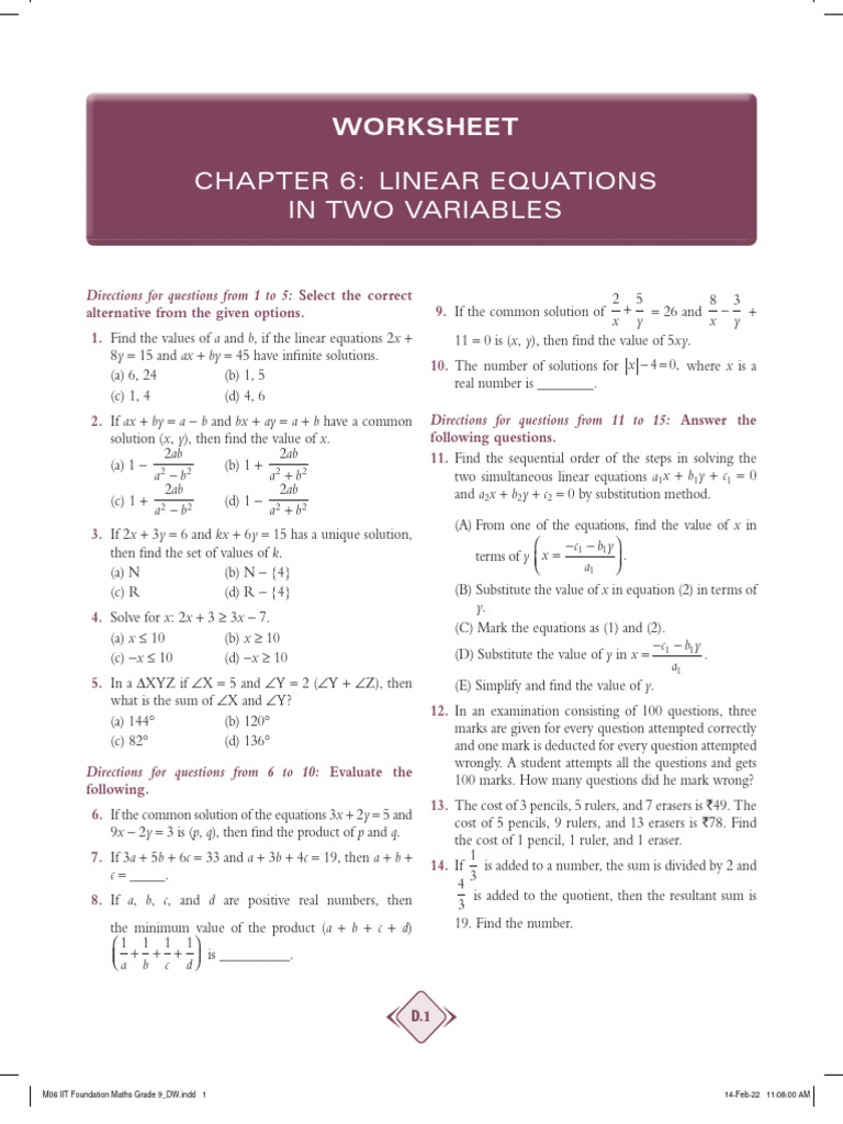 Linear Equations Worksheet for Class 9 | PDF | Equations | System Of ...