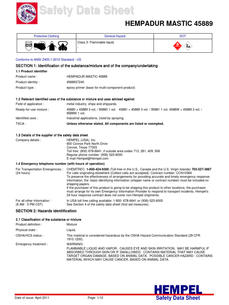 Hempadur Mastic 45889: SECTION 1: Identification of The Substance ...
