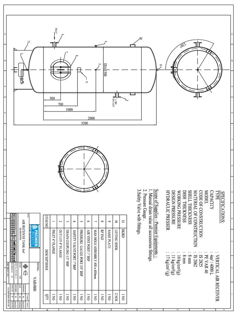 GA Drawing Air Receiver 4000 L 10 Bar PE | PDF