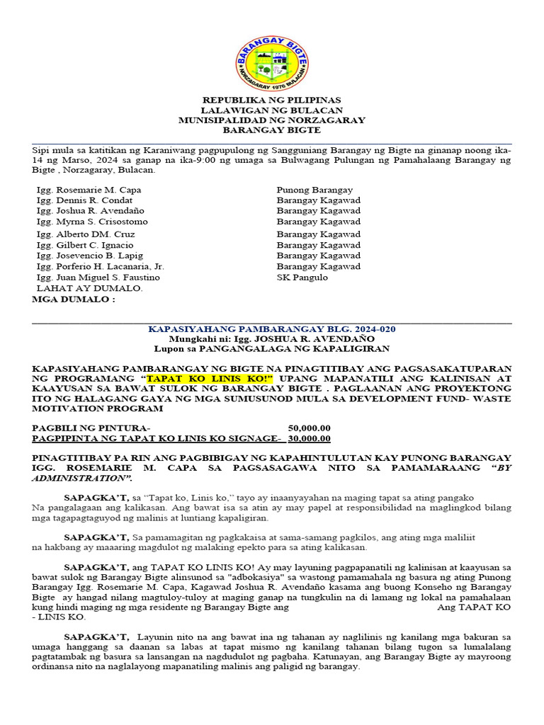 Reso 2024-021 Tapat Ko Linis Ko | PDF