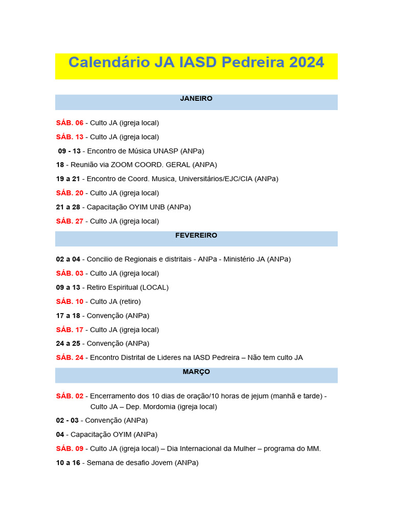 CALENDÁRIO - JA - IASD PEDREIRA - 2024 | PDF | Igreja Adventista do ...